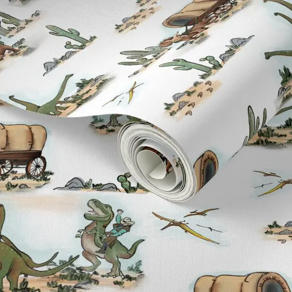 Spoonflower Green Cowboy Prehistoric Western Paleontologist Custom Pre-pasted Wallpaper - Green,white,gray