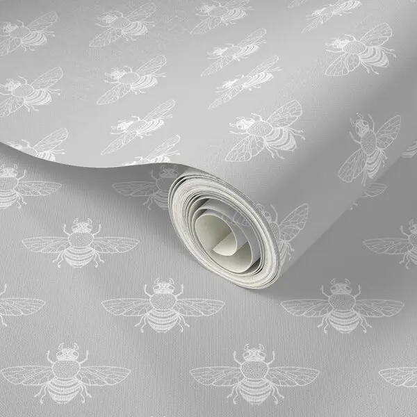 Spoonflower Grey Neutral Insect Silver Bee Winged Honeybee Custom Pre-pasted Wallpaper - Gray,white