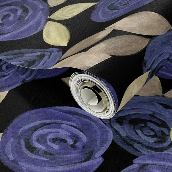 Spoonflower Watercolor Blue Flowers Roses Floral Pattern Black Custom Removable Wallpaper - Blue,black,brown