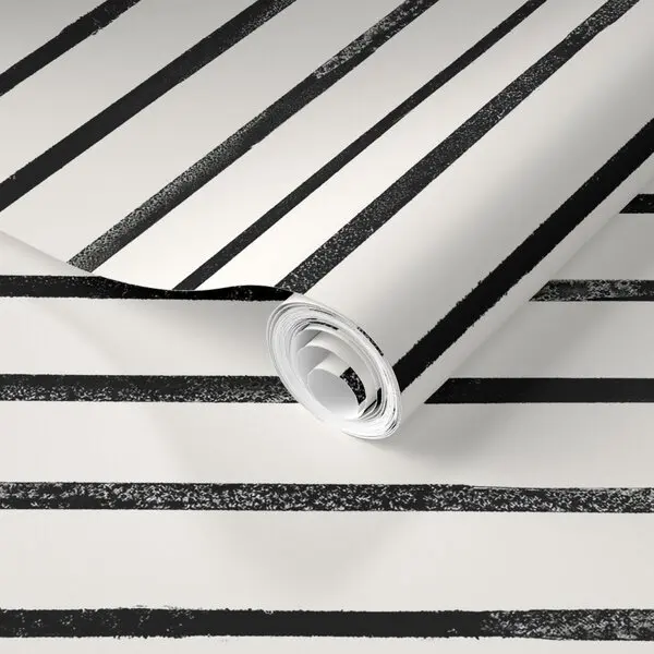 Spoonflower Mod Thin Stripe Cream Watercolor Black White Traditional Wallpaper - White,black,gray