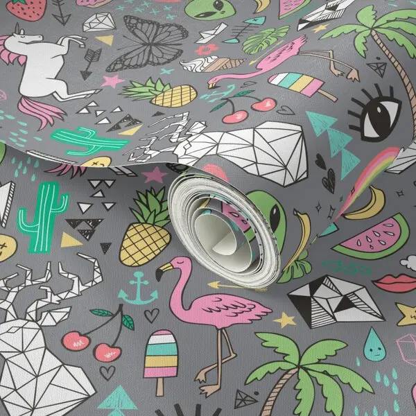 Spoonflower Gray Summer Doodle Geometric Triangle Deer Unicorn Custom Pre-pasted Wallpaper - Gray,pink,green
