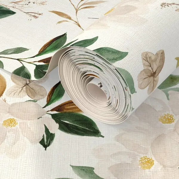 Spoonflower Floral Small Red Rose White Gold 100% Natural Sisal Grasscloth Wallcovering - White,green,gray