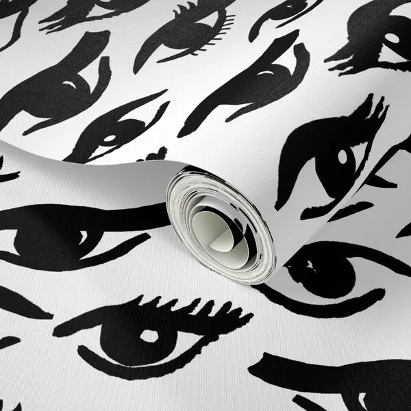Spoonflower Eyes Beauty Makeup Vintage Black White Girly Print Custom Pre-pasted Wallpaper - Black,white,gray