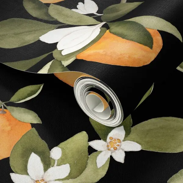 Spoonflower Orange Blossom Dark Oranges Blossoms Fruit Leaves Custom Pre-pasted Wallpaper - Black,orange,green