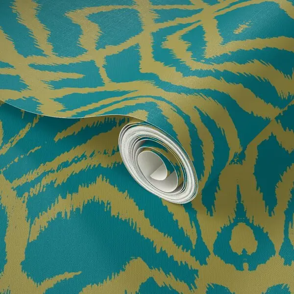 Spoonflower Wild Ikat On Teal Blue Boho Animal Custom Removable Wallpaper - Green