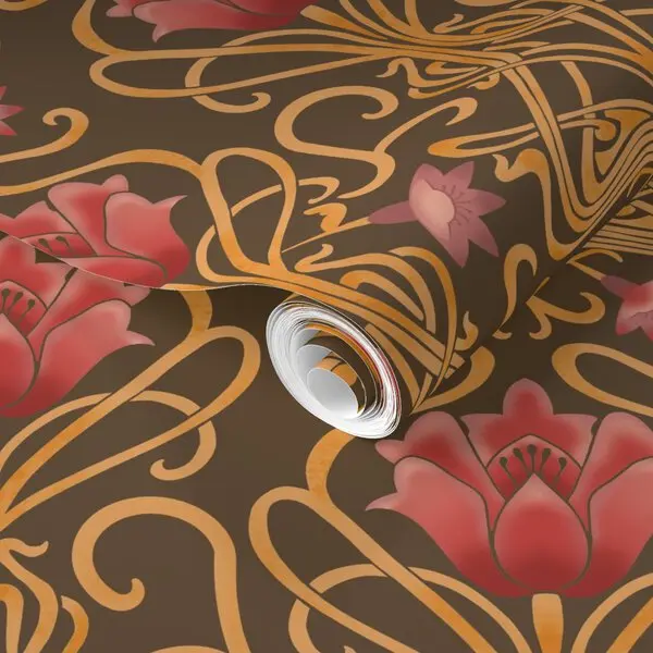 Spoonflower Flower Brown Nature Tulip Art Nouveau Custom Pre-pasted Wallpaper - Brown,orange,red