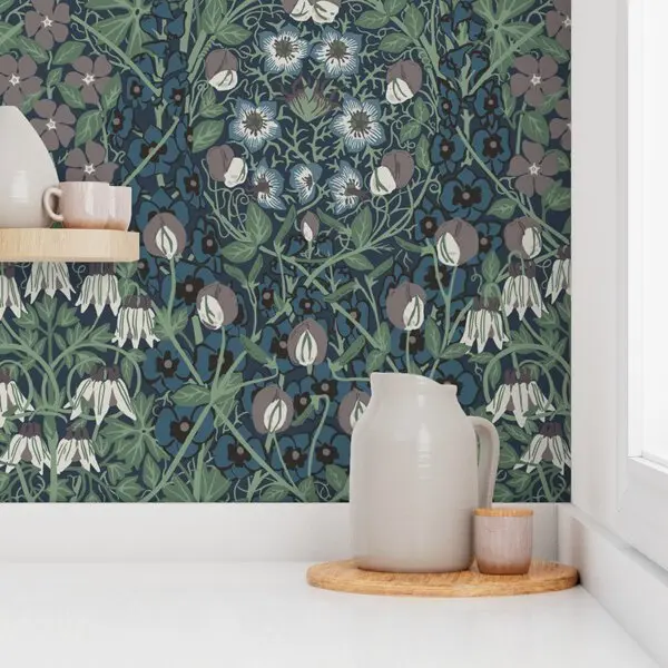 Spoonflower William Morris Hollyhock And Sweet Pea Custom Pre-pasted Wallpaper