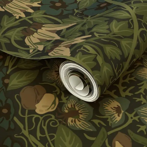 Spoonflower William Morris Hollyhock And Sweet Pea Custom Pre-pasted Wallpaper - Blue