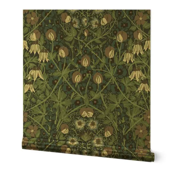 Spoonflower William Morris Hollyhock And Sweet Pea Custom Pre-pasted Wallpaper - Blue