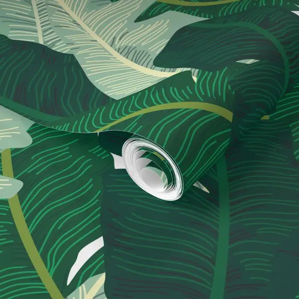 Spoonflower Leaves Preppy Tropical Bohemian Botanical Custom Pre-pasted Wallpaper - Green