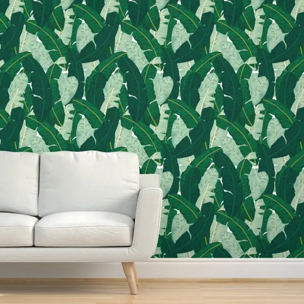 Spoonflower Leaves Preppy Tropical Bohemian Botanical Custom Pre-pasted Wallpaper - Green