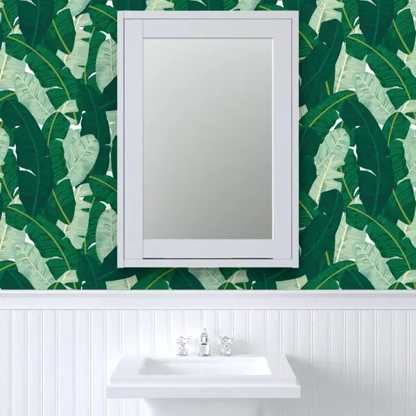 Spoonflower Leaves Preppy Tropical Bohemian Botanical Custom Pre-pasted Wallpaper - Green