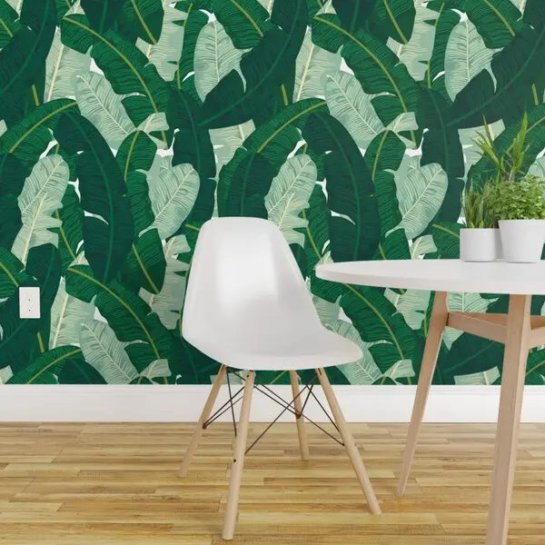 Spoonflower Leaves Preppy Tropical Bohemian Botanical Custom Pre-pasted Wallpaper - Green