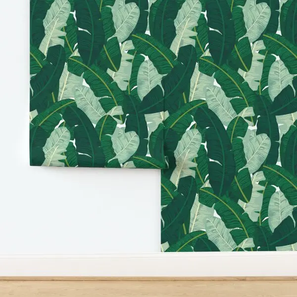 Spoonflower Leaves Preppy Tropical Bohemian Botanical Custom Pre-pasted Wallpaper - Green
