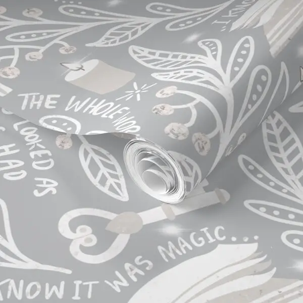 Spoonflower Magic Reading Books Hygge Custom Pre-pasted Wallpaper - Gray,white,blue