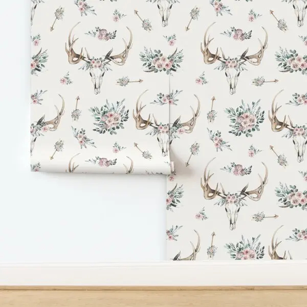 Spoonflower Modern Boho Floral Skull Blush Custom Pre-pasted Wallpaper