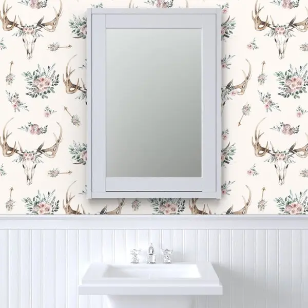 Spoonflower Modern Boho Floral Skull Blush Custom Pre-pasted Wallpaper