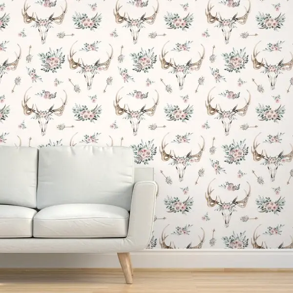 Spoonflower Modern Boho Floral Skull Blush Custom Pre-pasted Wallpaper