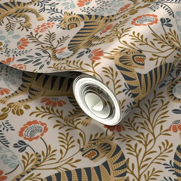 Spoonflower Flower Tiger Wallpaper - Beige