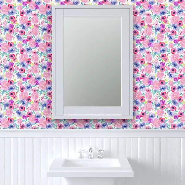 Spoonflower Bright Boho Watercolor Floral Summer Tropical Pink Custom Pre-pasted Wallpaper