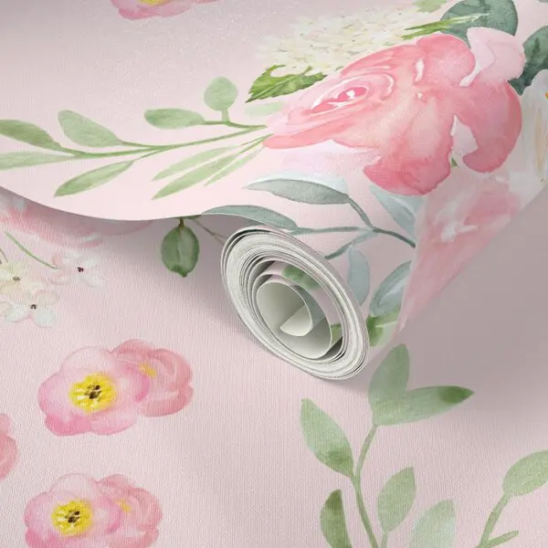 Spoonflower Blushing Pink Spring Blooms Botanical Floral Custom Removable Wallpaper - Pink,green,brown