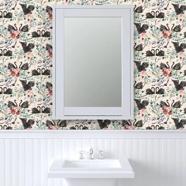 Spoonflower Fable Swan Damask Blush Black Floral Bird Spring Custom Removable Wallpaper - Black,gray