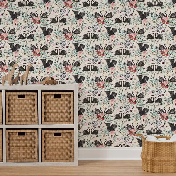 Spoonflower Fable Swan Damask Blush Black Floral Bird Spring Custom Removable Wallpaper - Black,gray