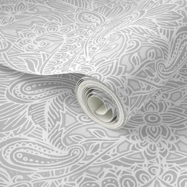Spoonflower White Art Deco Nouveau Silver Monochrome Traditional Wallpaper - White,gray