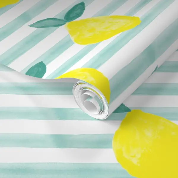 Spoonflower Lemons Watercolor Stripes Blue Lemon Trendy Summer Traditional Wallpaper - Blue,yellow,mint
