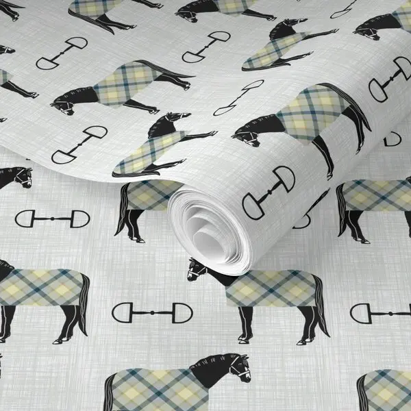 Spoonflower Blue Plaid Neutral Bits Horses Equestrian Custom Pre-pasted Wallpaper - Green,gray