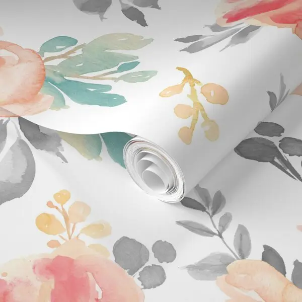 Spoonflower Coral Gray Mint Florals White Floral Flowers Boho Traditional Wallpaper - Pink,white,orange