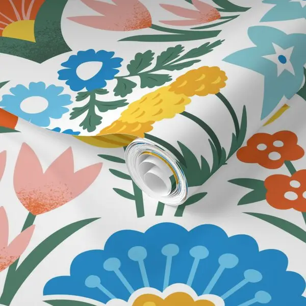 Spoonflower Mid Century Modern Vintage Retro Floral Flowers Custom Pre-pasted Wallpaper - Blue