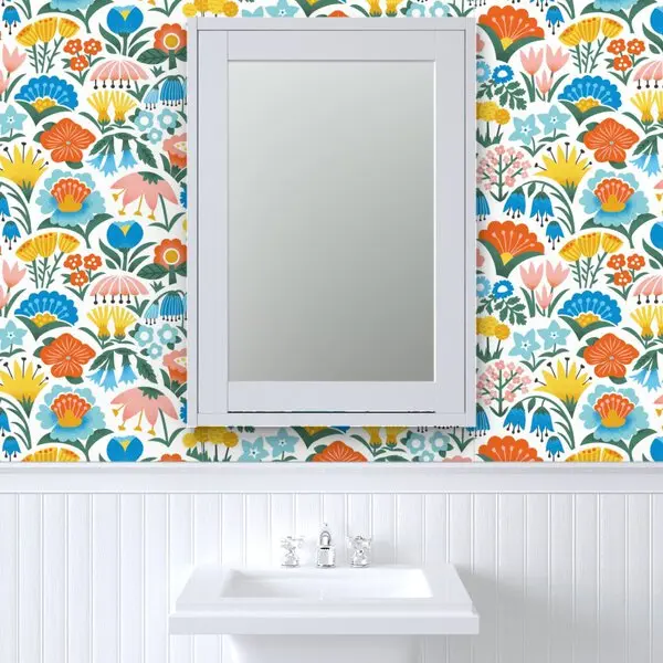 Spoonflower Mid Century Modern Vintage Retro Floral Flowers Custom Pre-pasted Wallpaper - Blue