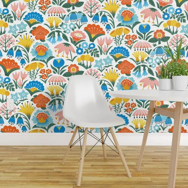 Spoonflower Mid Century Modern Vintage Retro Floral Flowers Custom Pre-pasted Wallpaper - Blue