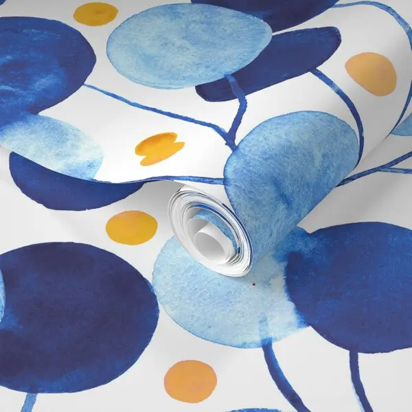 Spoonflower Plants Cobalt Gold Large Watercolor Circles Yellow Custom Pre-pasted Wallpaper - Blue,white,gray