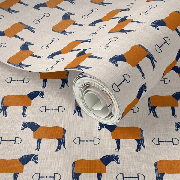 Spoonflower Cream Cute Orange Preppy Horse Animals Texture Custom Pre-pasted Wallpaper - Blue,orange,white