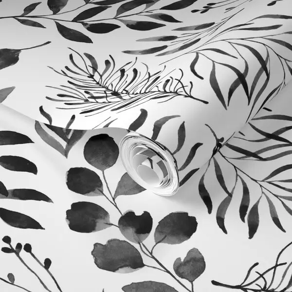 Spoonflower Black And White Leaves Nature Leaf Nursery Traditional Wallpaper - Black,white,gray