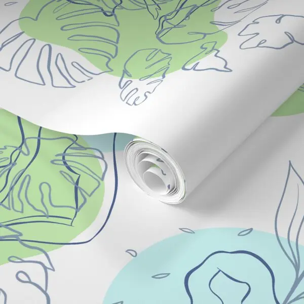 Spoonflower Flower White Green Blue Nature Leaf Custom Removable Wallpaper - Mint,green,blue