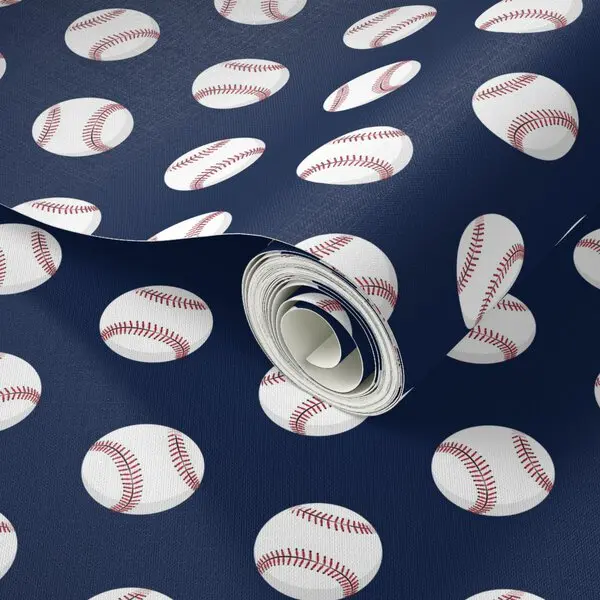 Spoonflower Baseballs Dark Blue Navy Trendy Baseball Sports Custom Removable Wallpaper - Blue,white,gray