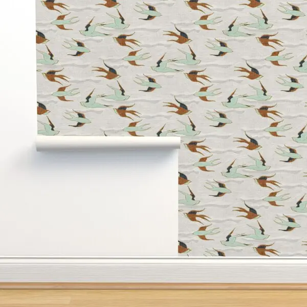 Spoonflower Where Bluebirds Fly Tan Med 100% Natural Sisal Grasscloth Wallcovering