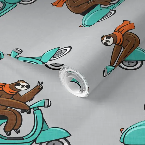 Spoonflower Cute Teal Trendy Vespa Scooter Sloth Sloths Custom Pre-pasted Wallpaper - Gray,green,brown
