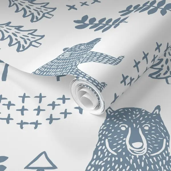Spoonflower Blue Woodland Animals Custom Pre-pasted Wallpaper - White,blue,gray