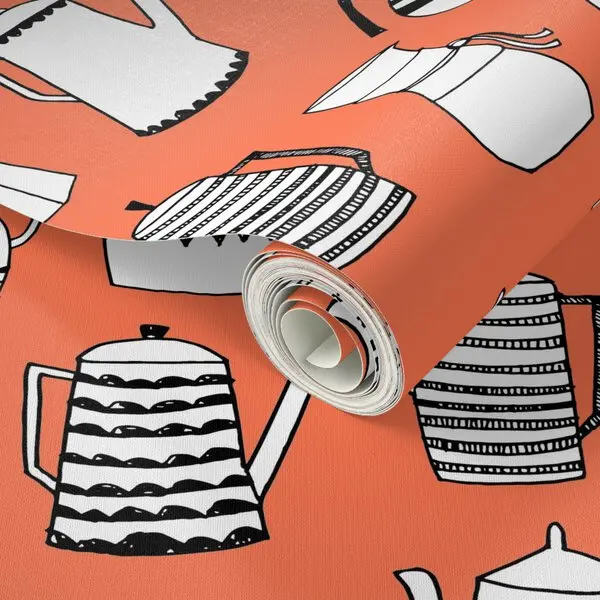 Spoonflower Vintage Retro Orange Coffee Teapot Scandi Custom Removable Wallpaper - Red,gray,brown