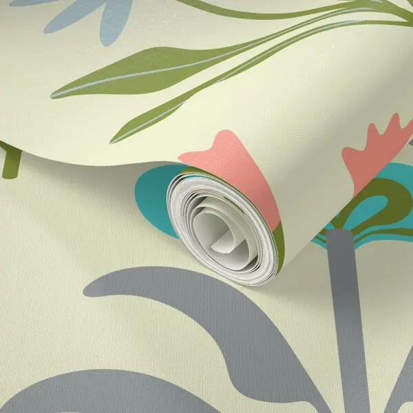 Spoonflower Pink Green Blue Yellow Floral Retro Grey Traditional Wallpaper - Yellow,white,green