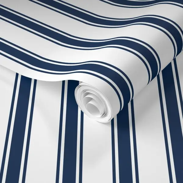 Spoonflower Ticking Nautical Stripe Navy Stripes Vertical Custom Pre-pasted Wallpaper - White,blue,gray