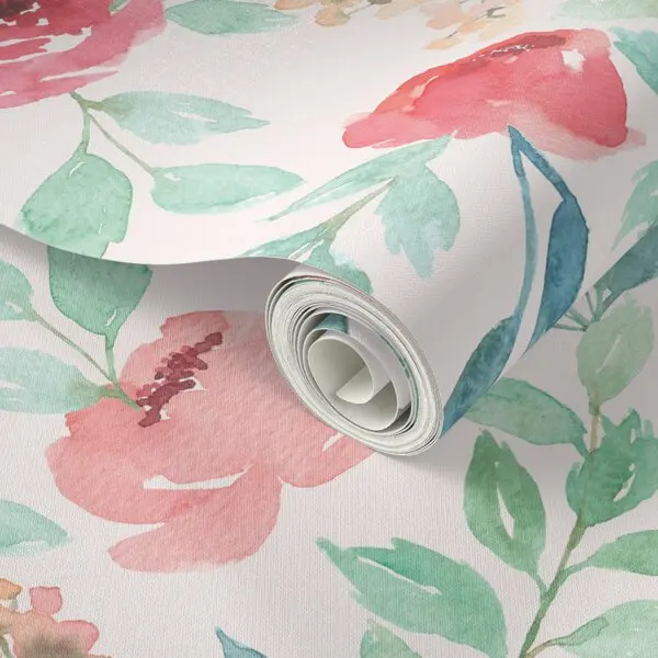 Spoonflower Large Watercolor Floral Pink Flowers Baby Soft Custom Removable Wallpaper - Pink,gray,red