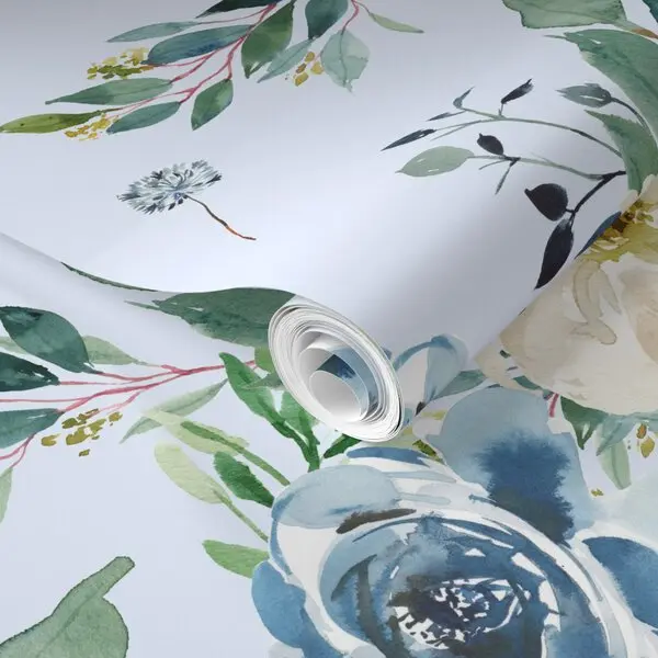 Spoonflower Light Blue And White Florals Custom Pre-pasted Wallpaper - Green,gray,teal