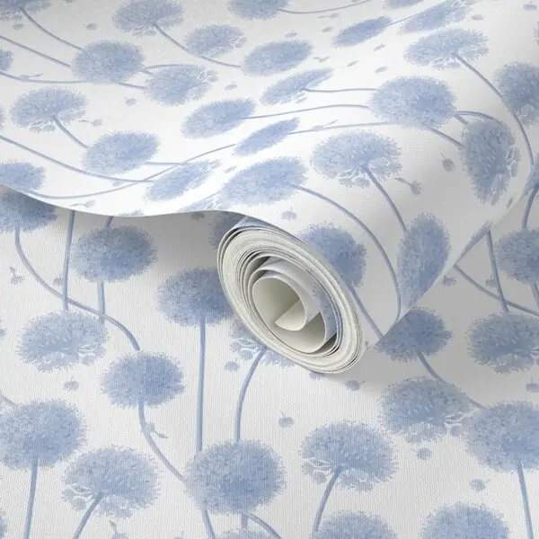 Spoonflower Blueberry Dandelion Blue White Flowers Summer Traditional Wallpaper - Blue,white
