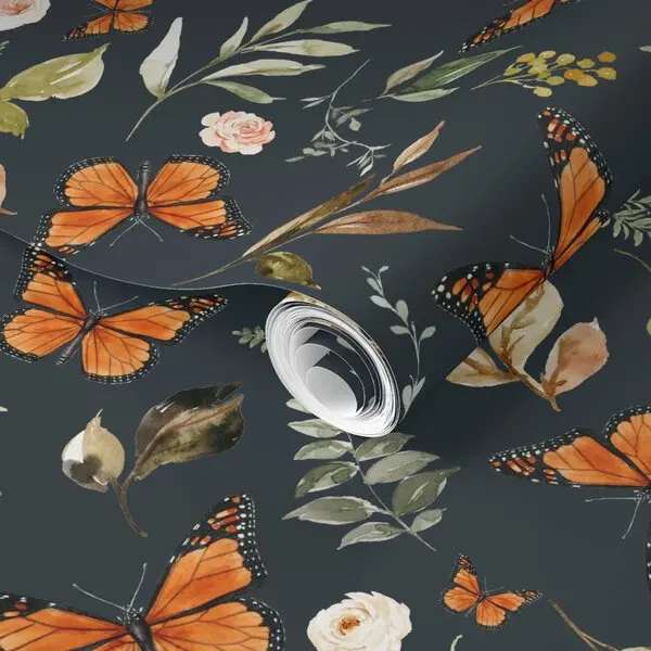 Spoonflower Monarch Butterflies Midnight Blue Floral Nature Custom Removable Wallpaper - Blue,orange,gray