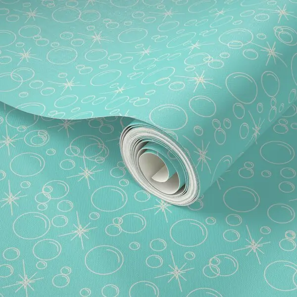 Spoonflower Vintage Kitsch Bubbles Custom Removable Wallpaper - Teal,green,blue